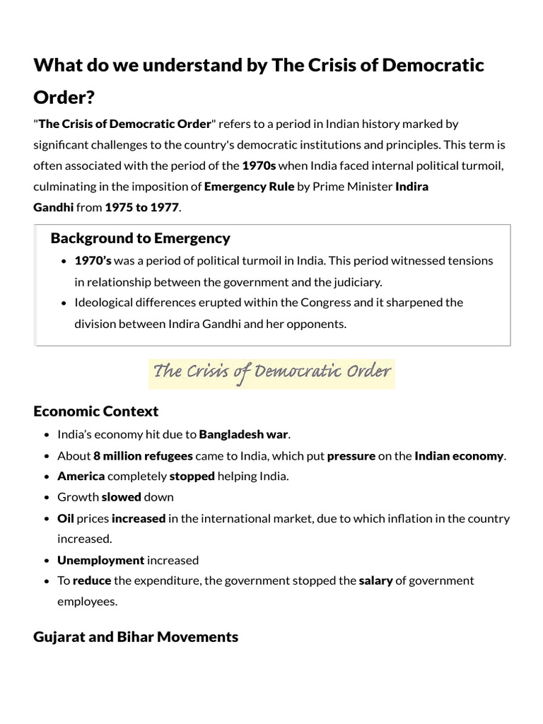 The Crisis of Democratic Order Class 12 Political Science | PDF ...
