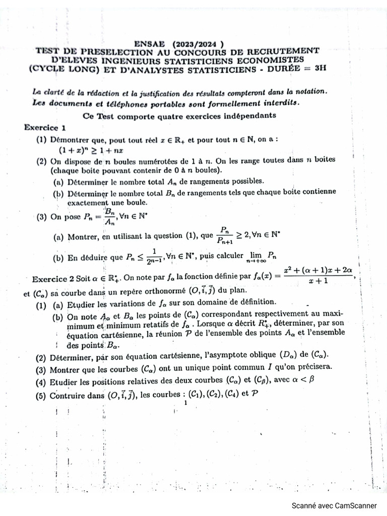 Test de Présélection ENSAE 2024 | PDF