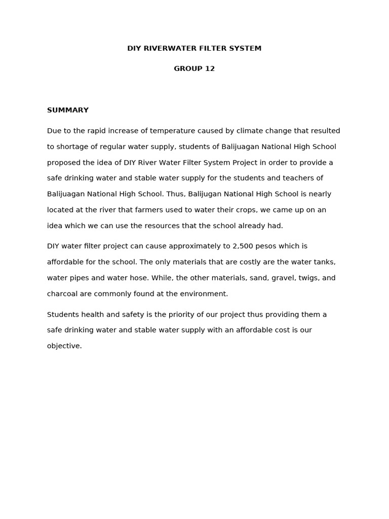 Diy Riverwater Filter System (Group 12) | PDF | Water | Filtration