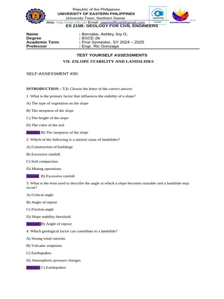 Slope Stability and Landslide Assessments | PDF | Landslide | Earth ...