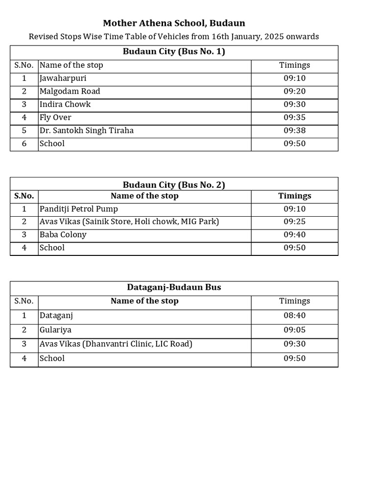 Bus Stops List Time Wise 2024-25 From 16th January 2025 Onwards | PDF