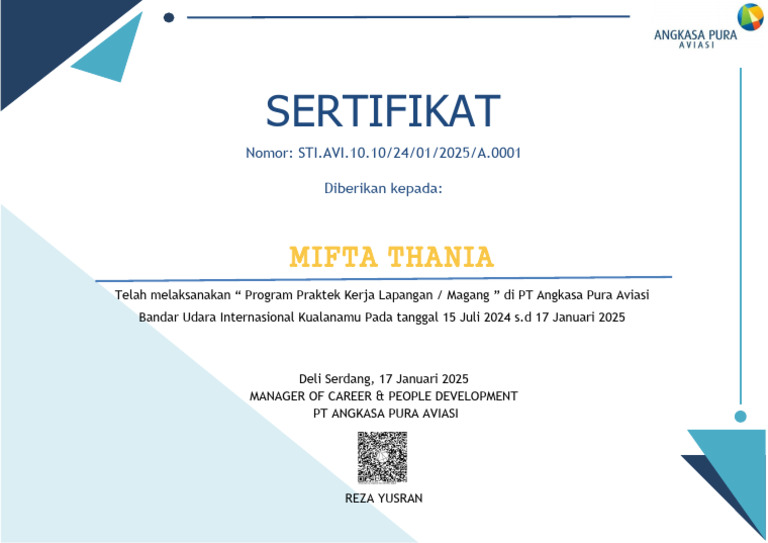 Sertifikat Magang An Mifta Thania | PDF