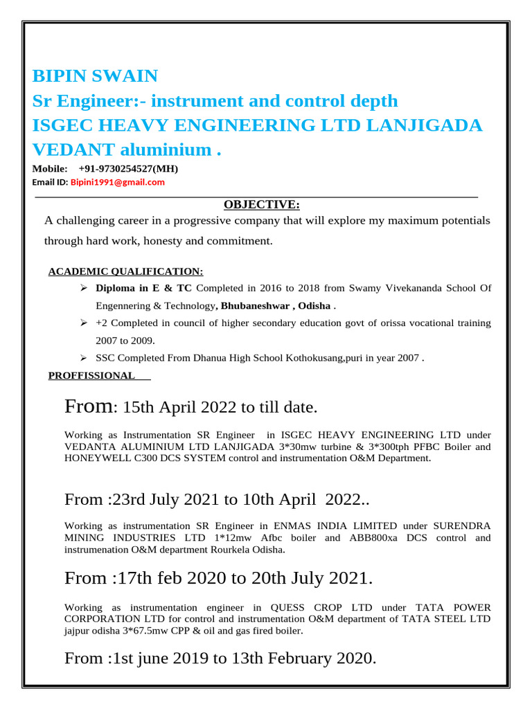 0_0_bipin swain resume | PDF | Instrumentation | Energy Technology