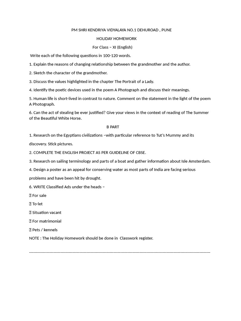 Class XI English Holiday Homework Guide | PDF