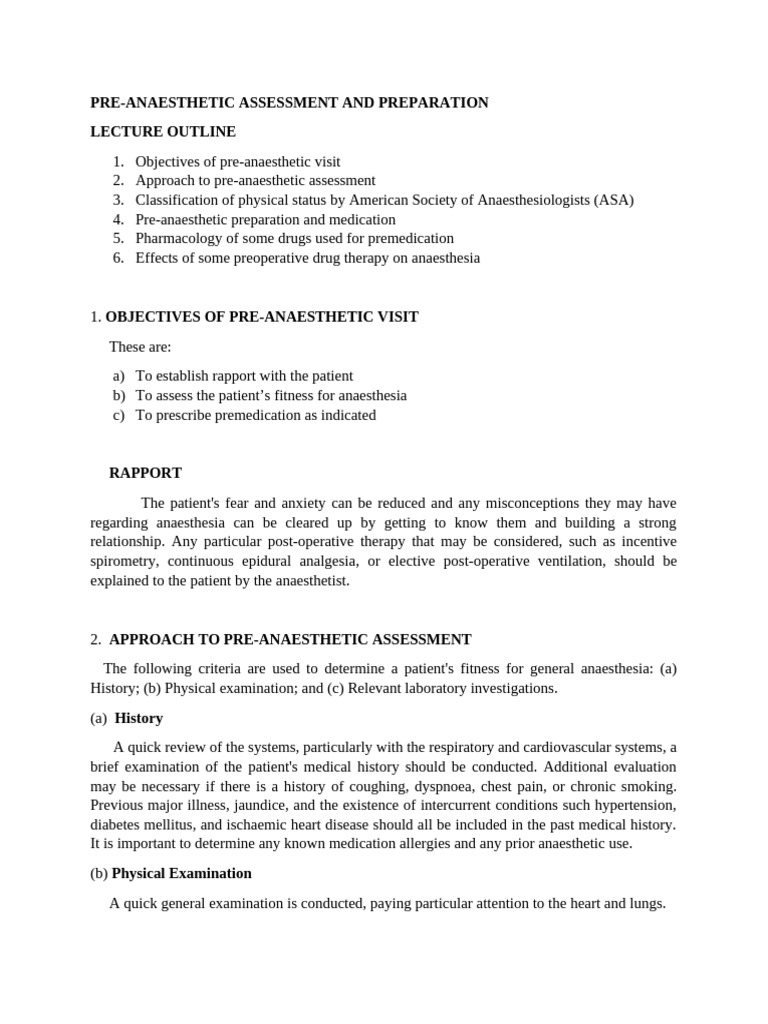 Pre-Anaesthetic Assessment and Preparation | PDF | Morphine | Anesthesia