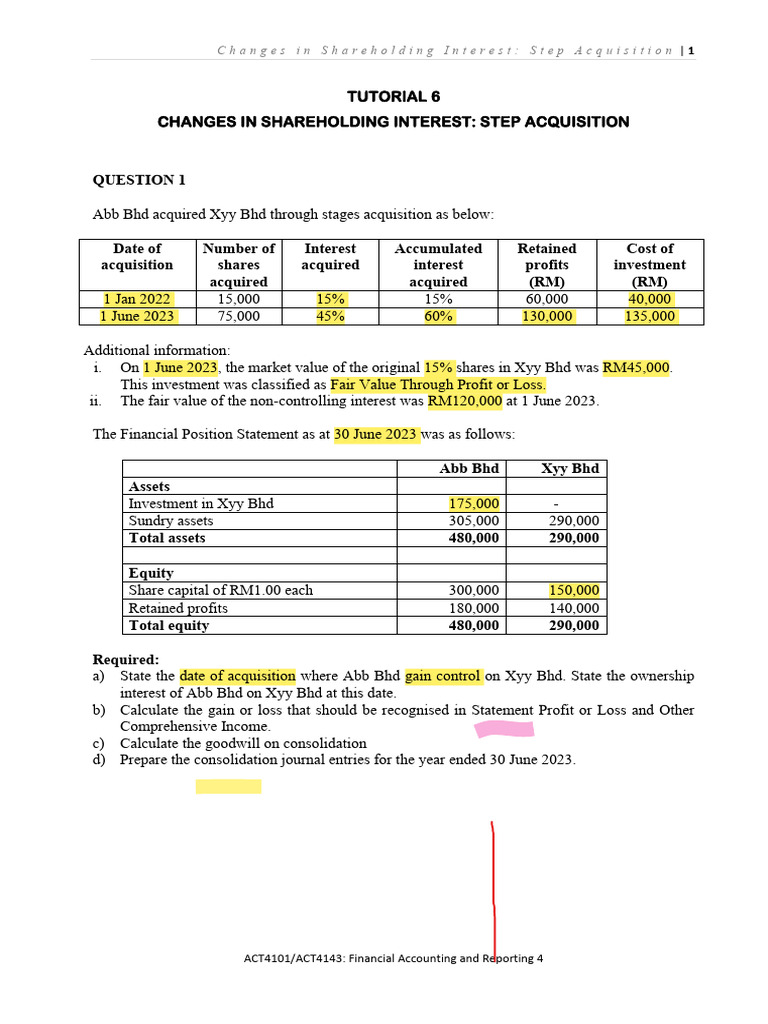 Tutorial 6 - Step Acquisition | PDF | Goodwill (Accounting) | Equity (Finance)
