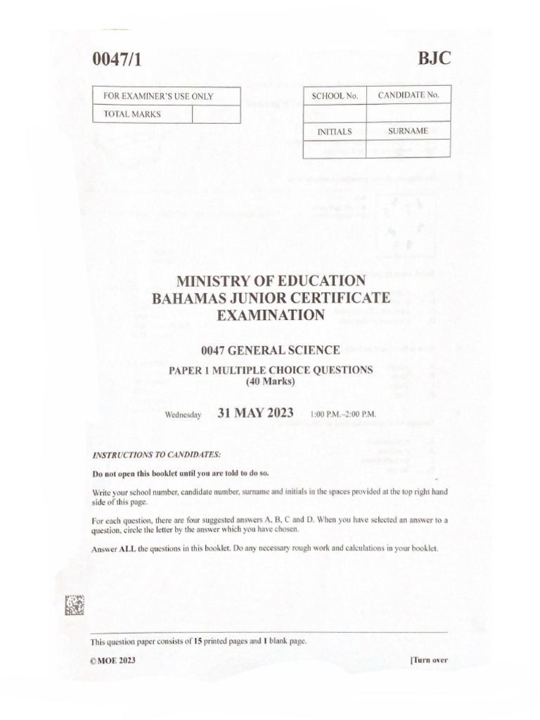 BJC General Science Past Papers, Year 2024, Papers 1 & 2 | PDF