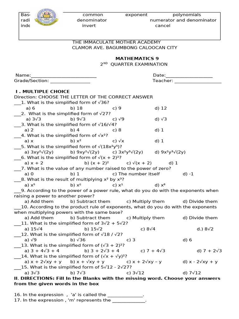2ND QUARTER EXAMINATION GR9 | PDF | Elementary Mathematics | Arithmetic
