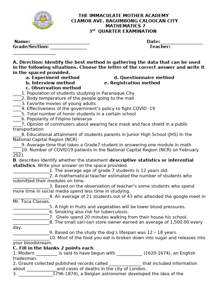 3RD Quarter Examination GR7 | PDF