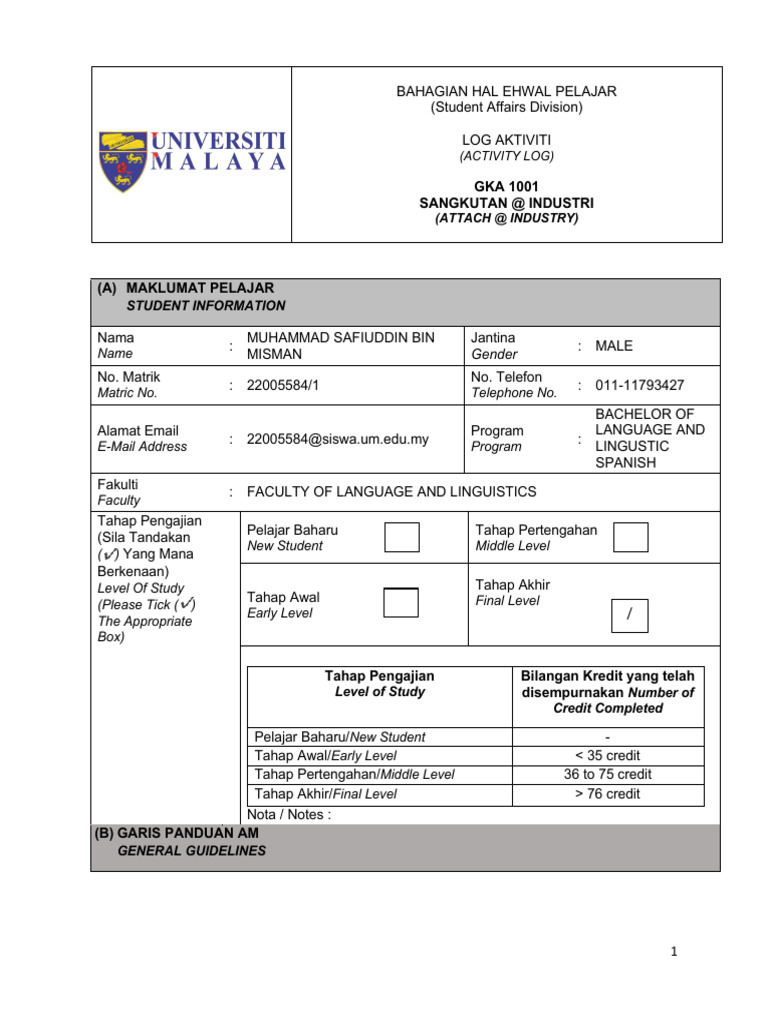 GKA1001 - Aktiviti Log - MUHAMMAD SAFIUDDIN BIN MISMAN - 22005584 | PDF
