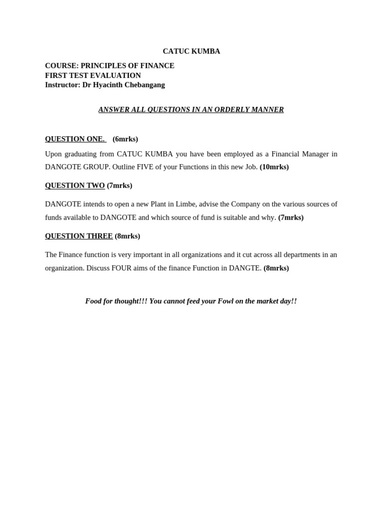 Finance Principles Test for CATUC Kumba | PDF
