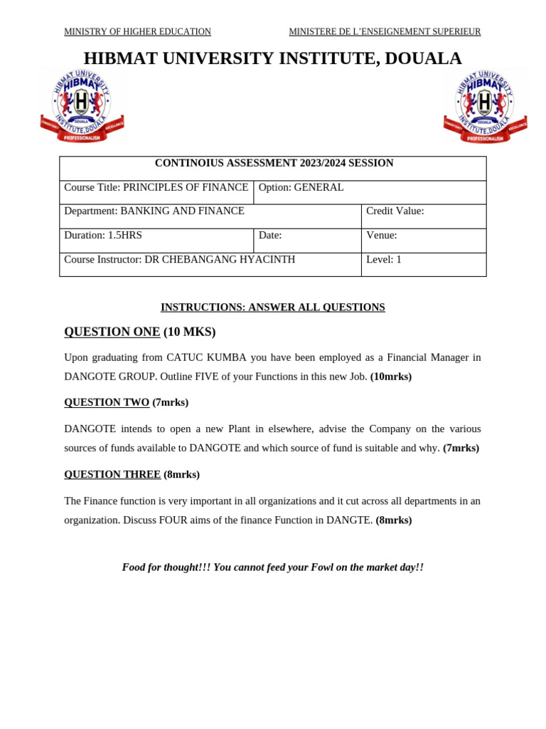Level 1 CA - HIBMAT - DLA (Principles of Finance) | PDF