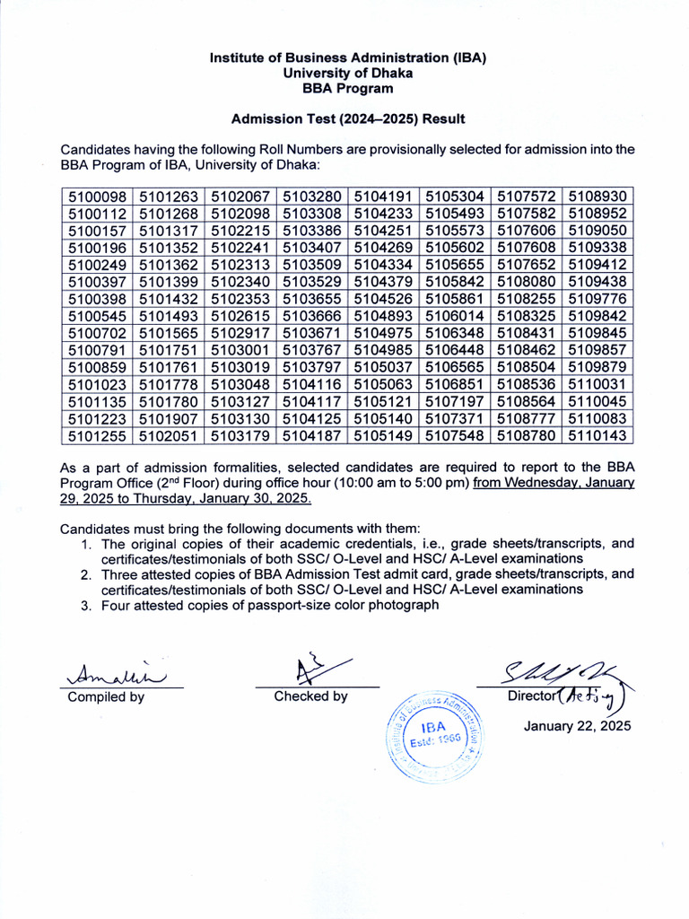 IBA BBA Admission Results 2025 | PDF