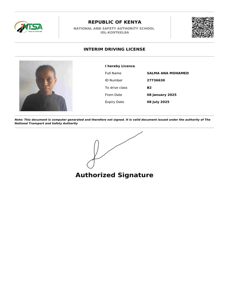 Kenya Interim Driving License for Salma Mohamed | PDF