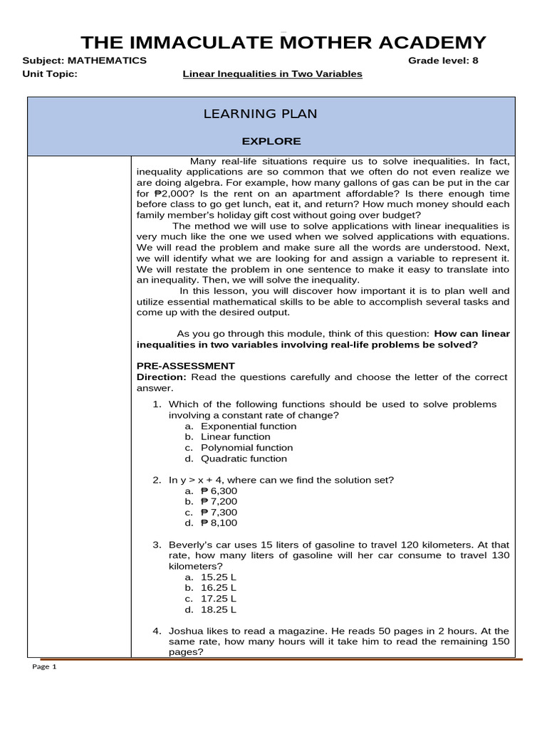 2nd Quarter Math 8 Learning Plan | PDF | Equations | Mathematics
