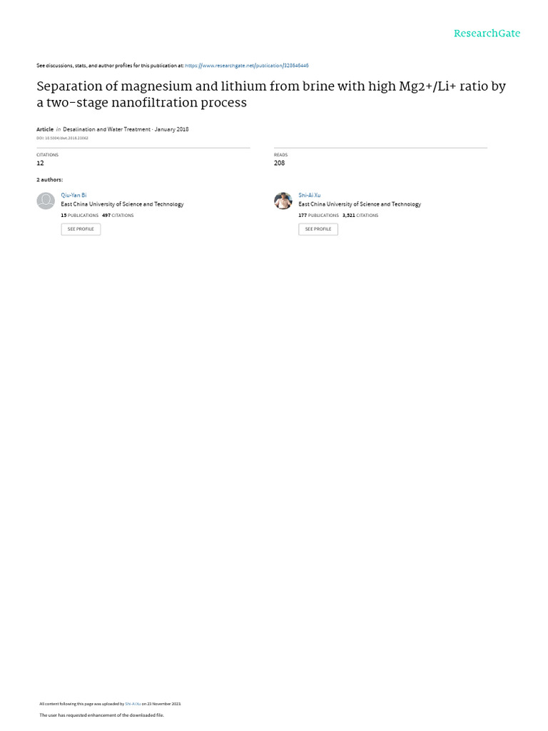 Separation of Magnesium and Lithium From Brine With | PDF | Membrane ...