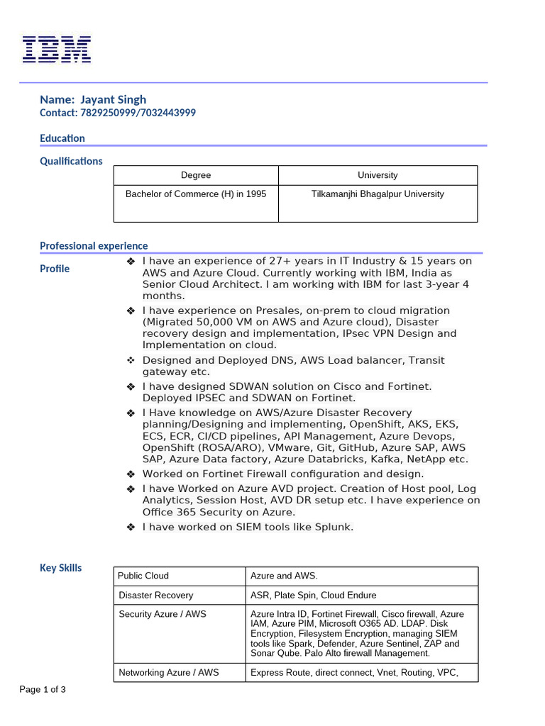 Senior Cloud Architect Profile | PDF | Computer Network | Security