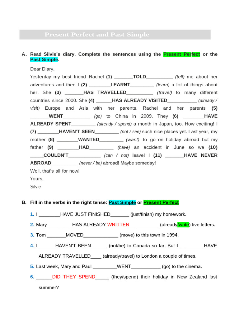 present perfect past simple - Exercises | PDF | Linguistic Typology ...