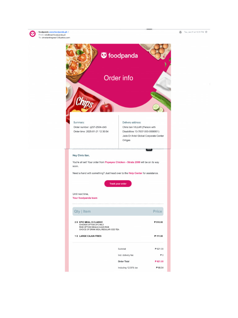 FoodPanda Receipt 01212025 | PDF