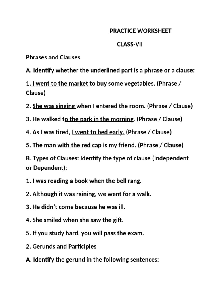 Practice Worksheet For Class7 | PDF | Clause | Verb