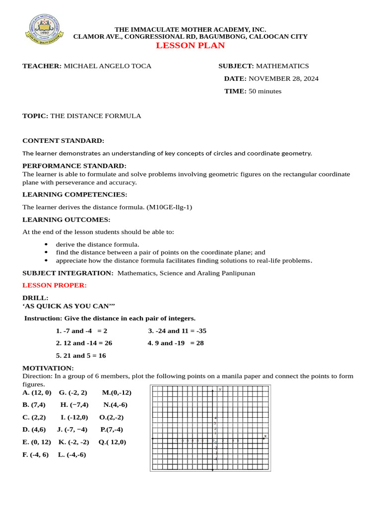 demo distance formula | PDF | Learning | Mathematics