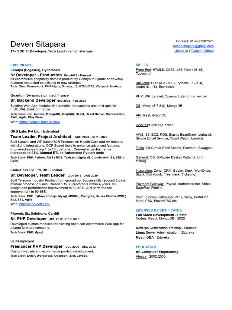 Deven Sitapara SR Developer Resume July 2023 PDF | PDF | My Sql | Php