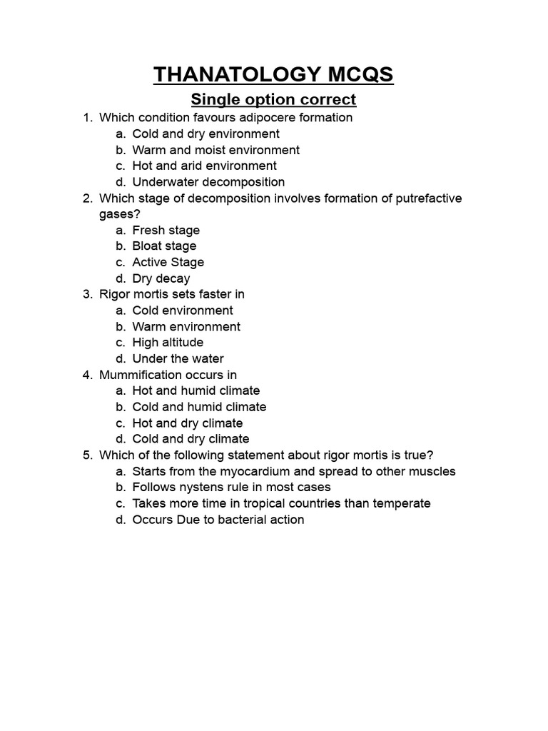Thanatology MCQs on Decomposition | PDF