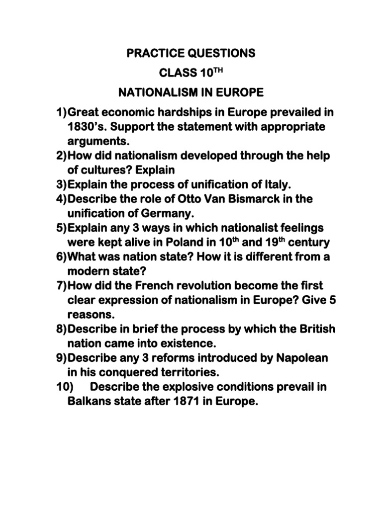PRACTICE QUESTIONS Nationalism in Europe 1 | PDF