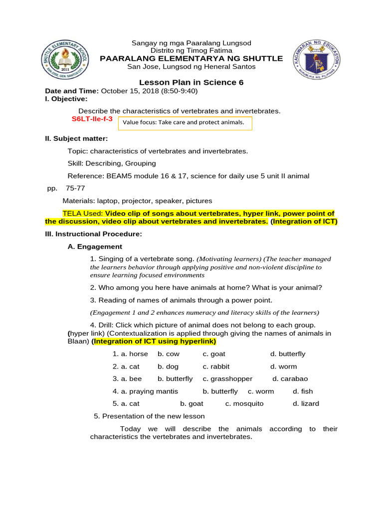 Science 6 Lesson Plan: Vertebrates vs. Invertebrates | PDF ...