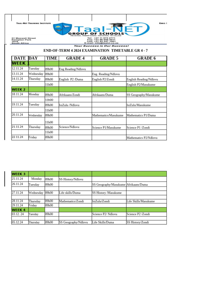 Exam Timetable Term 4 4-7 2024 | PDF