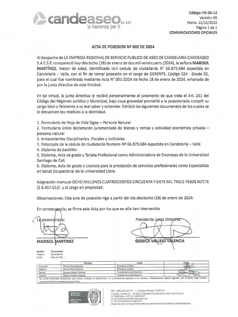 Acta de Posesion No. 002 de 2024 Gerente | PDF