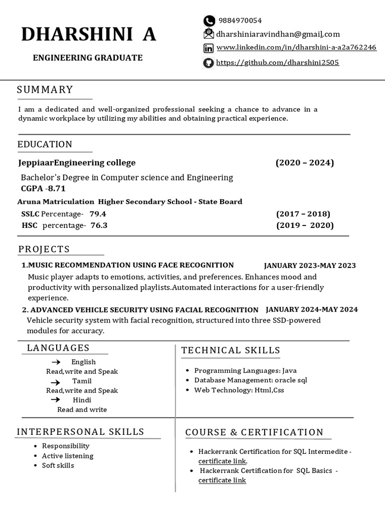 Dharshini a Me Cse Resume | PDF