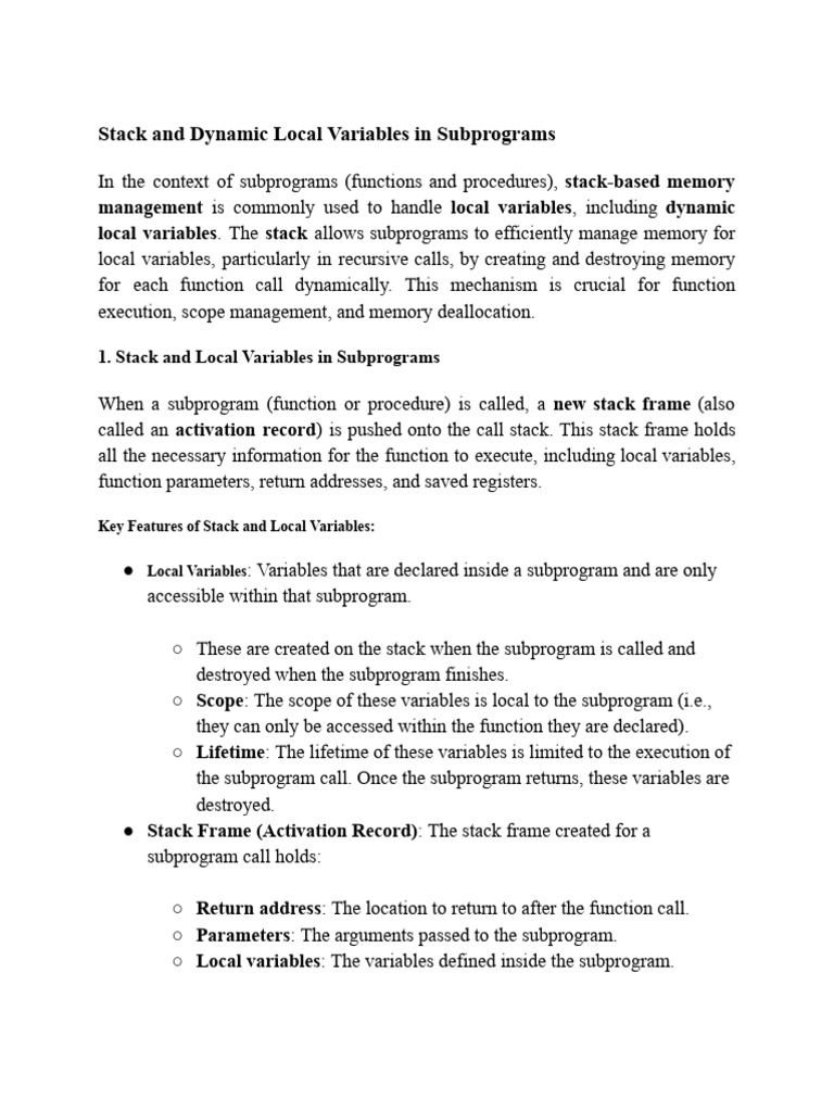 Stack And Dynamic Local Variables In Subprograms Pdf Variable Computer Science Scope