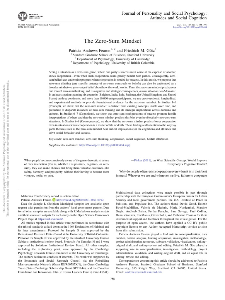 The Zero-Sum Mindset | PDF | Mindset | Psychology