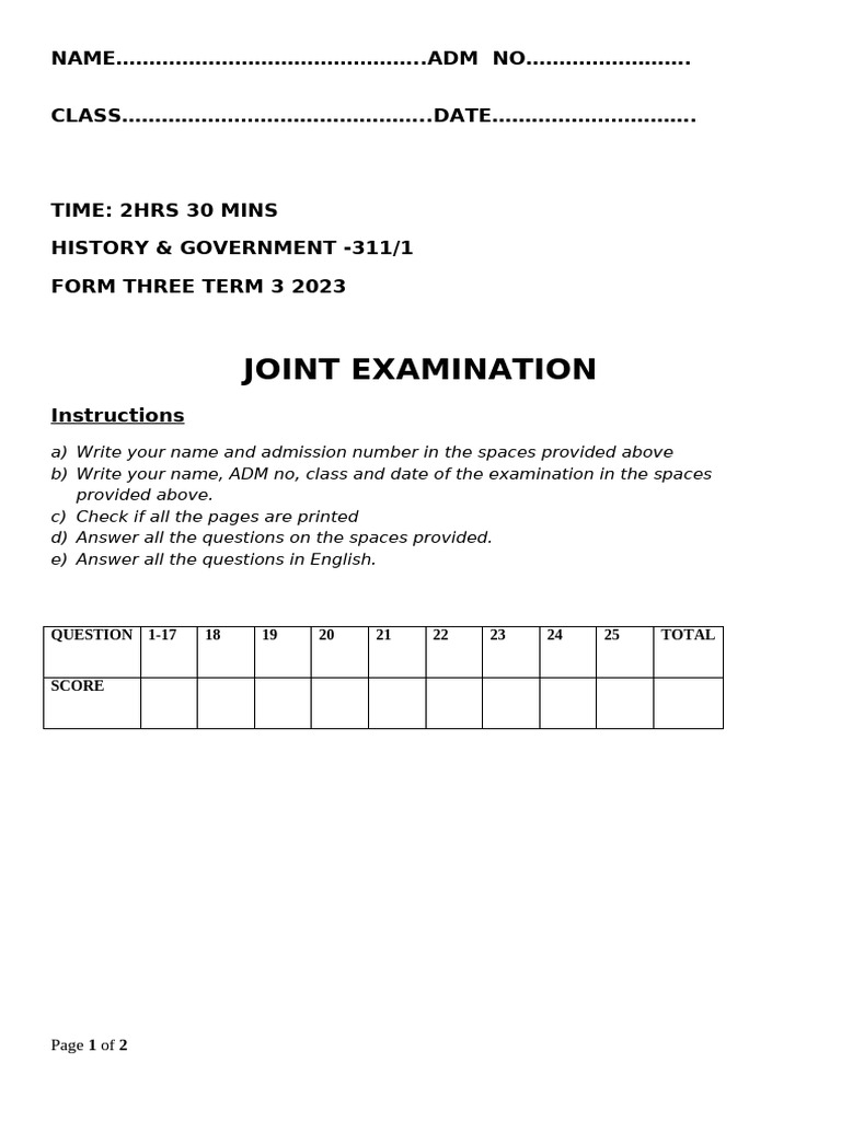 Form 3 2023 End T3 History PP1 QS - Teacher - Co - .Ke - Set - A | PDF ...