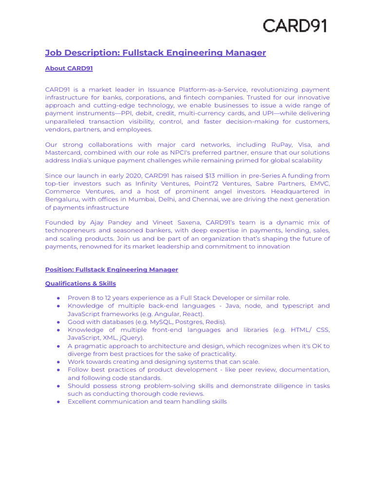 CARD91_JD _ Fullstack-Engineering Manager | PDF | Business