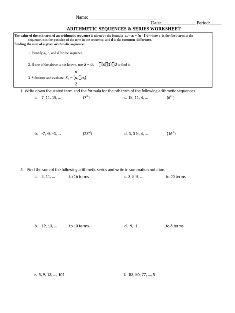 Arithmetic Series Worksheet | PDF | Summation | Arithmetic
