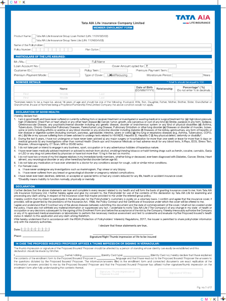 TATA AIA Application Form | PDF