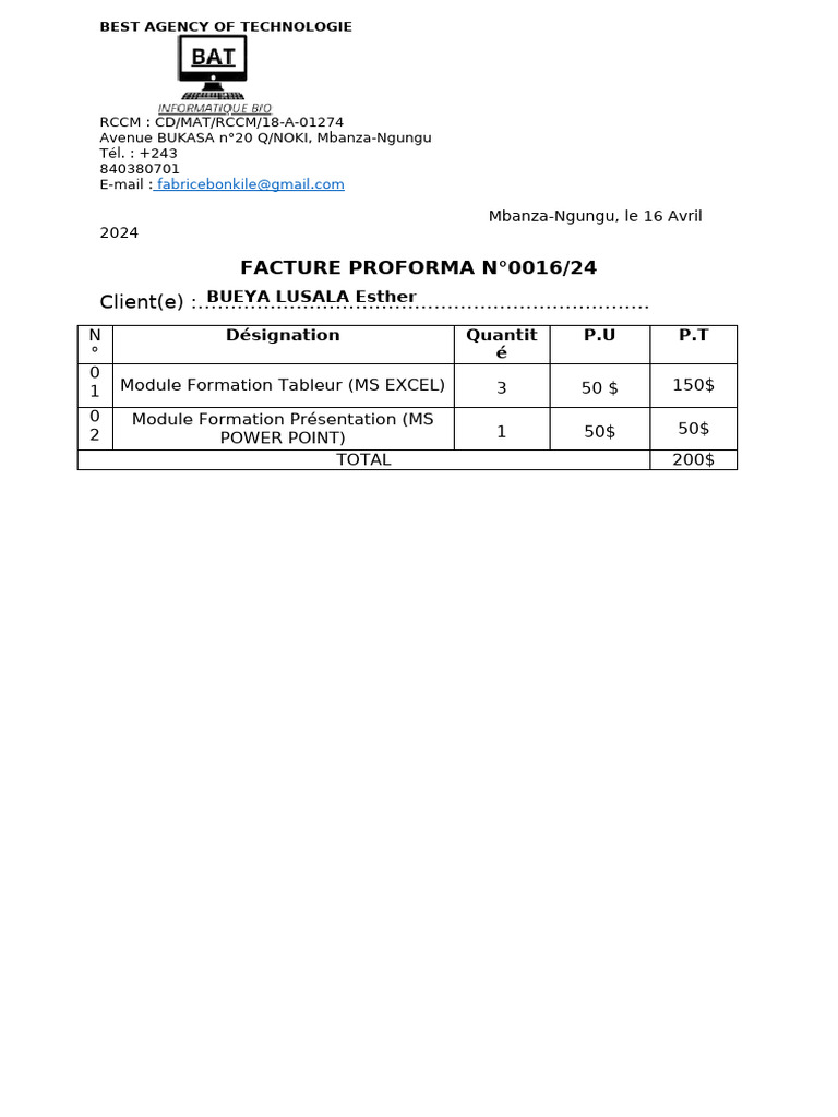 Facture Proforma Formation MS Office | PDF