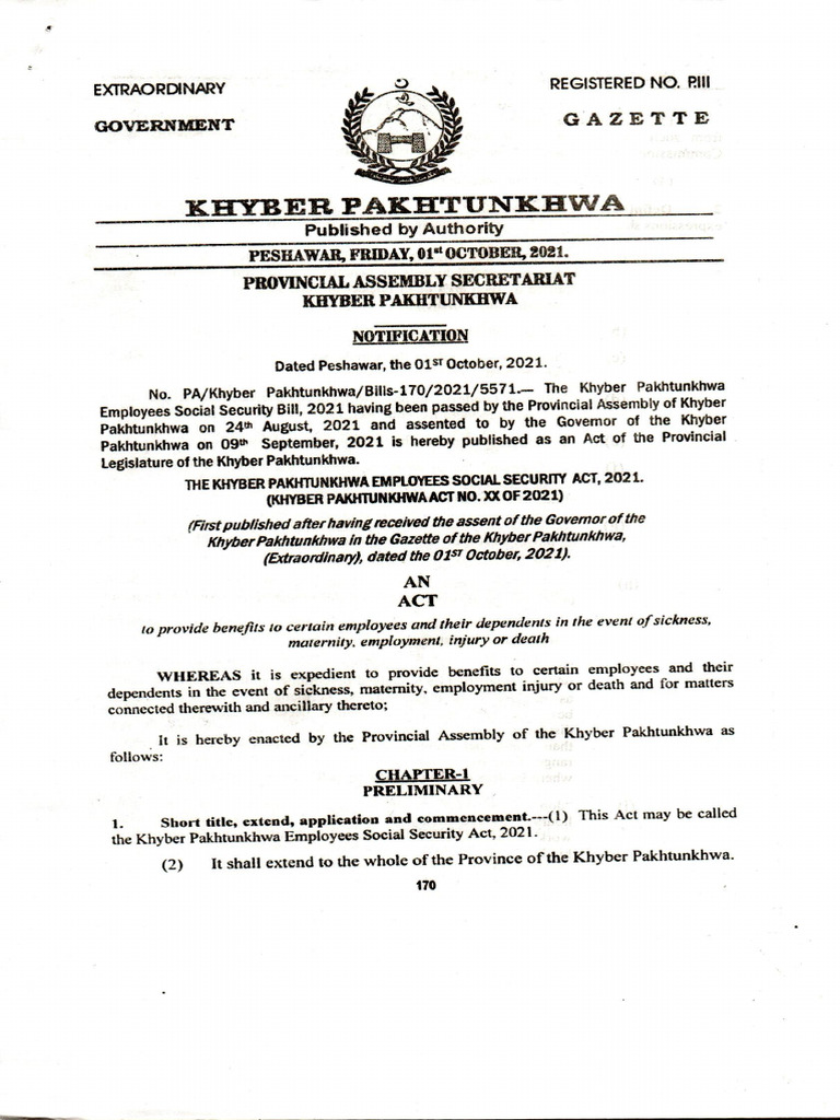 The Khyber Pakhtunkhwa Employees Social Security Act 2021 Khyber ...