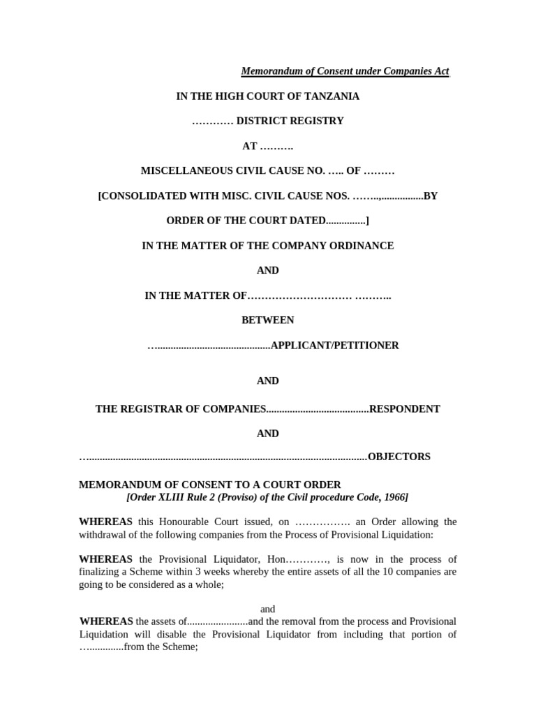 Memorandum of Consent Under Companies Act | PDF | Debt Relief | Insolvency