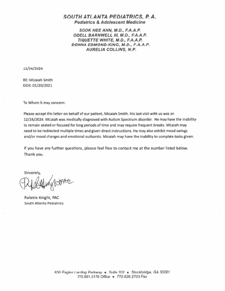 AUTISM DIAGNOSIS LETTER Scanned From South Atlanta Pediatrics | PDF