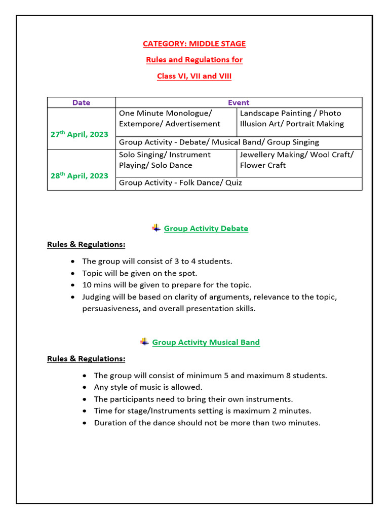 Rules & Regualtions For Class VI, VII and VIII | PDF