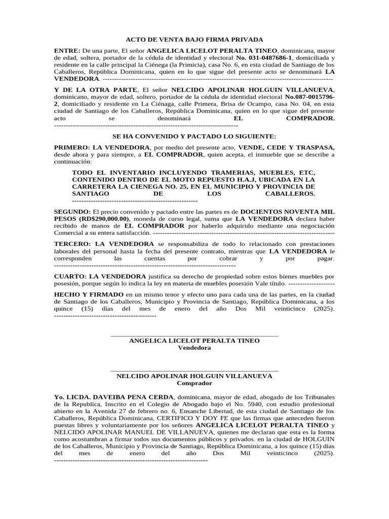 Acto de Venta Bajo Firma Privada Nelcido Apolinar Holguin Villanueva | PDF