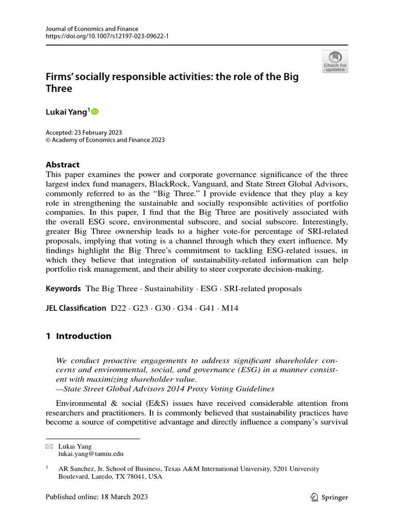 Big Three's Impact on ESG Activities | PDF | Regression Analysis | Coefficient Of Determination