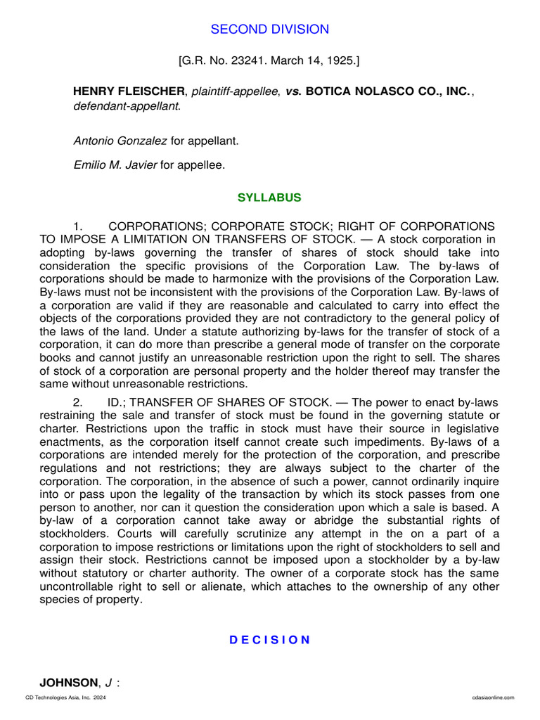 Fleischer v. Botica Nolasco Co., Inc. | PDF | Corporations | Assignment ...
