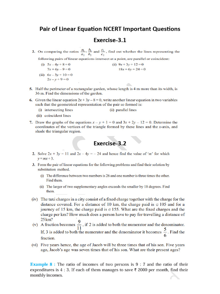 3.pair of Linear Equations NCERT Important Questions | PDF
