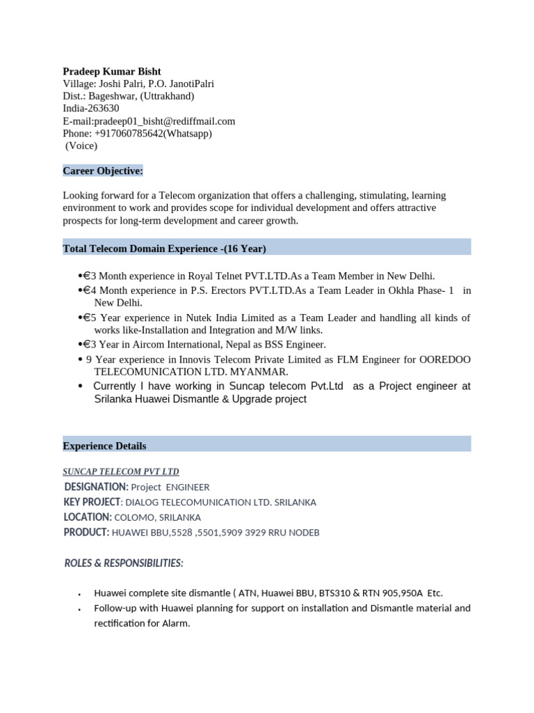 Telecom Engineer Resume of Pradeep Bisht | PDF | Telecommunications ...