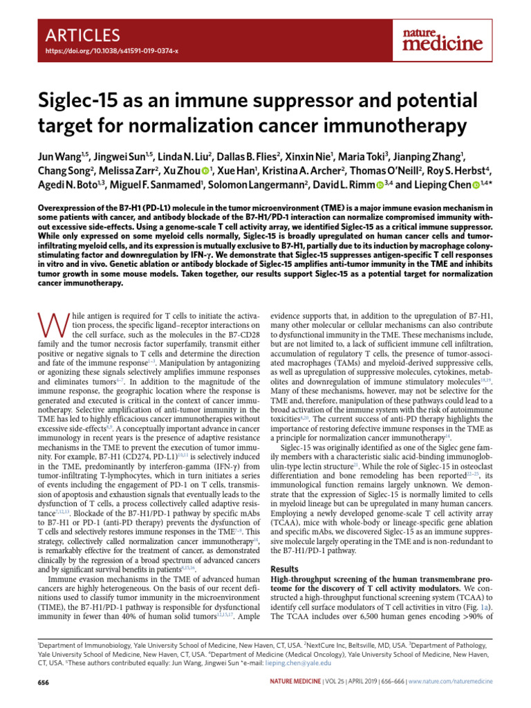 Siglec-15_Chen Lieping_s41591-019-0374-x | PDF | Immune System | T Cell