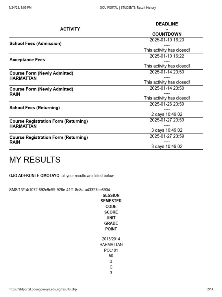 OOU PORTAL - STUDENTS - Result History | PDF